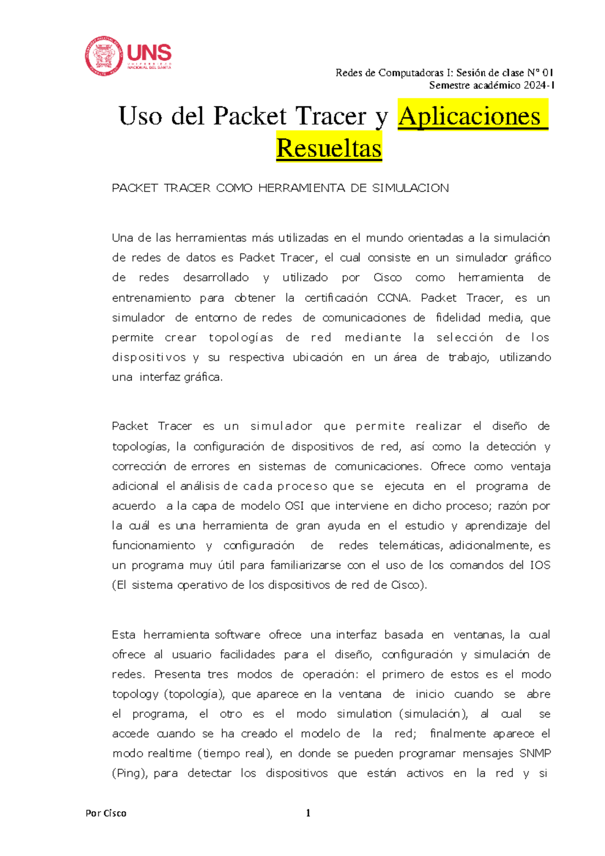 Sesión Práctica 01 Casos resueltos de Redes LAN en Packet Tracer (Práctica) - Semestre académico ...