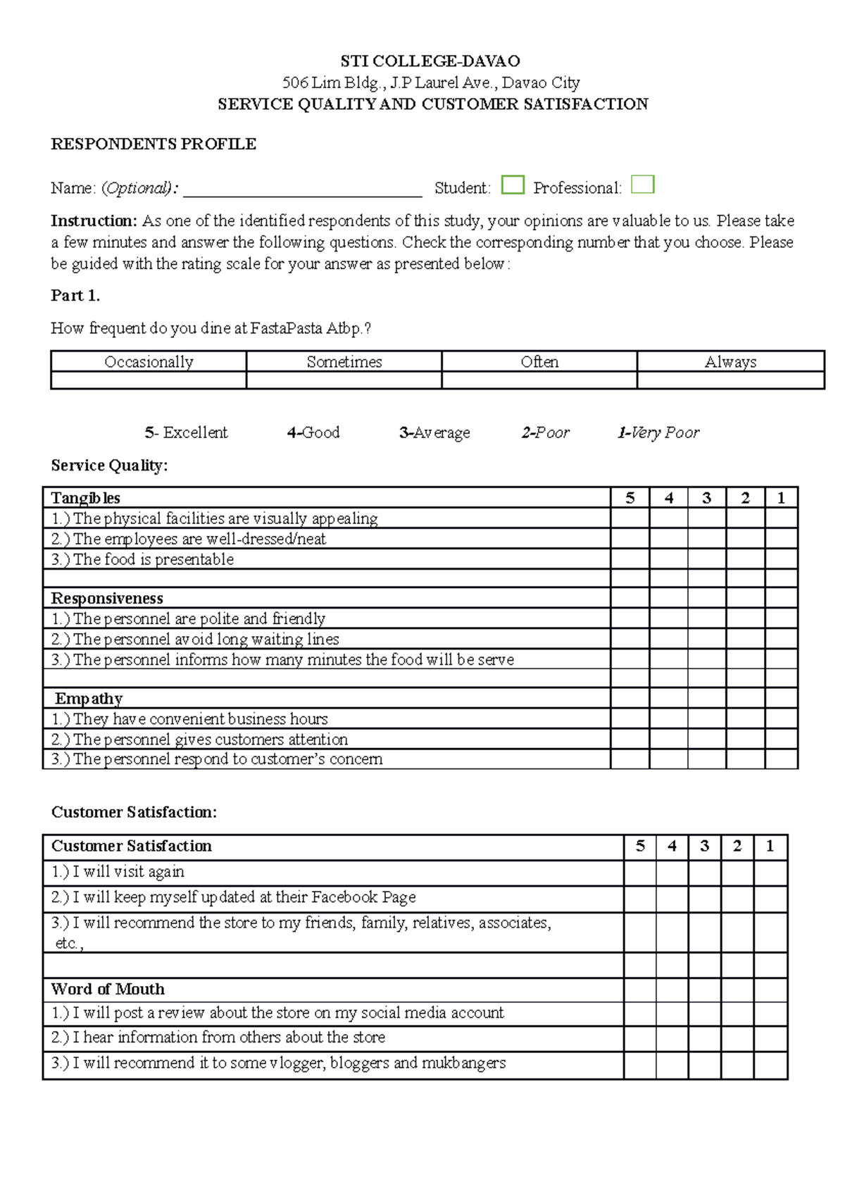 Service Quality Questionnaire SAMPLE - STI COLLEGE-DAVAO 506 Lim Bldg ...