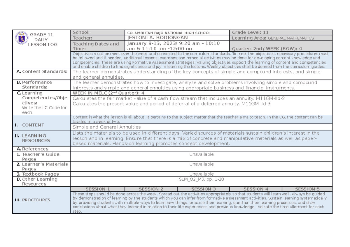 MATH11 Q2a W4 - none - GRADE 11 DAILY LESSON LOG School: COLAMBUTAN ...