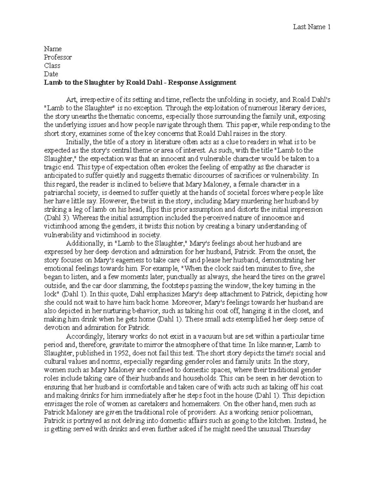 Lamb to the Slaughter by Roald Dahl - Response Assignment.edited - Name ...