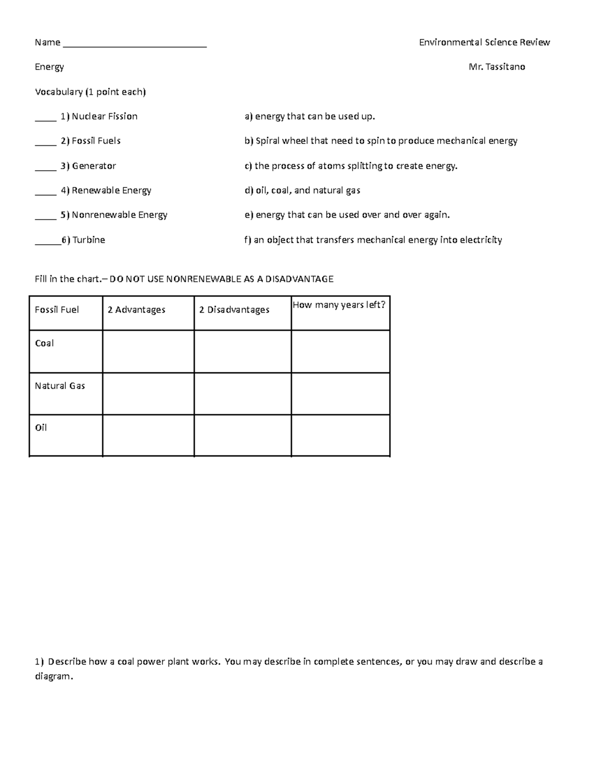 Energy Review Sheet - Name ___________________________ Environmental ...