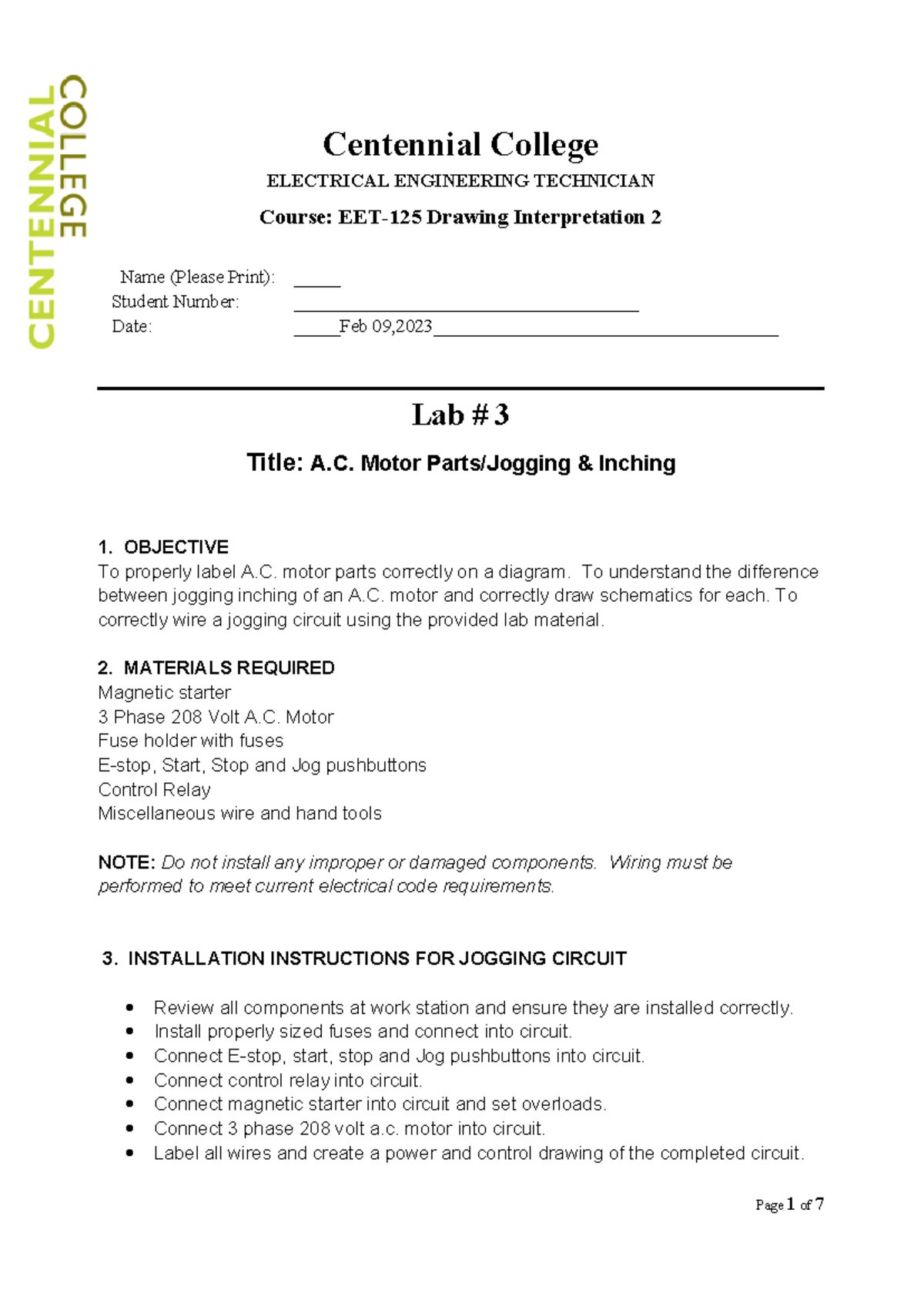 Lab 3 - Lab 3 - Centennial College ELECTRICAL ENGINEERING TECHNICIAN Course: EET-125 Drawing ...