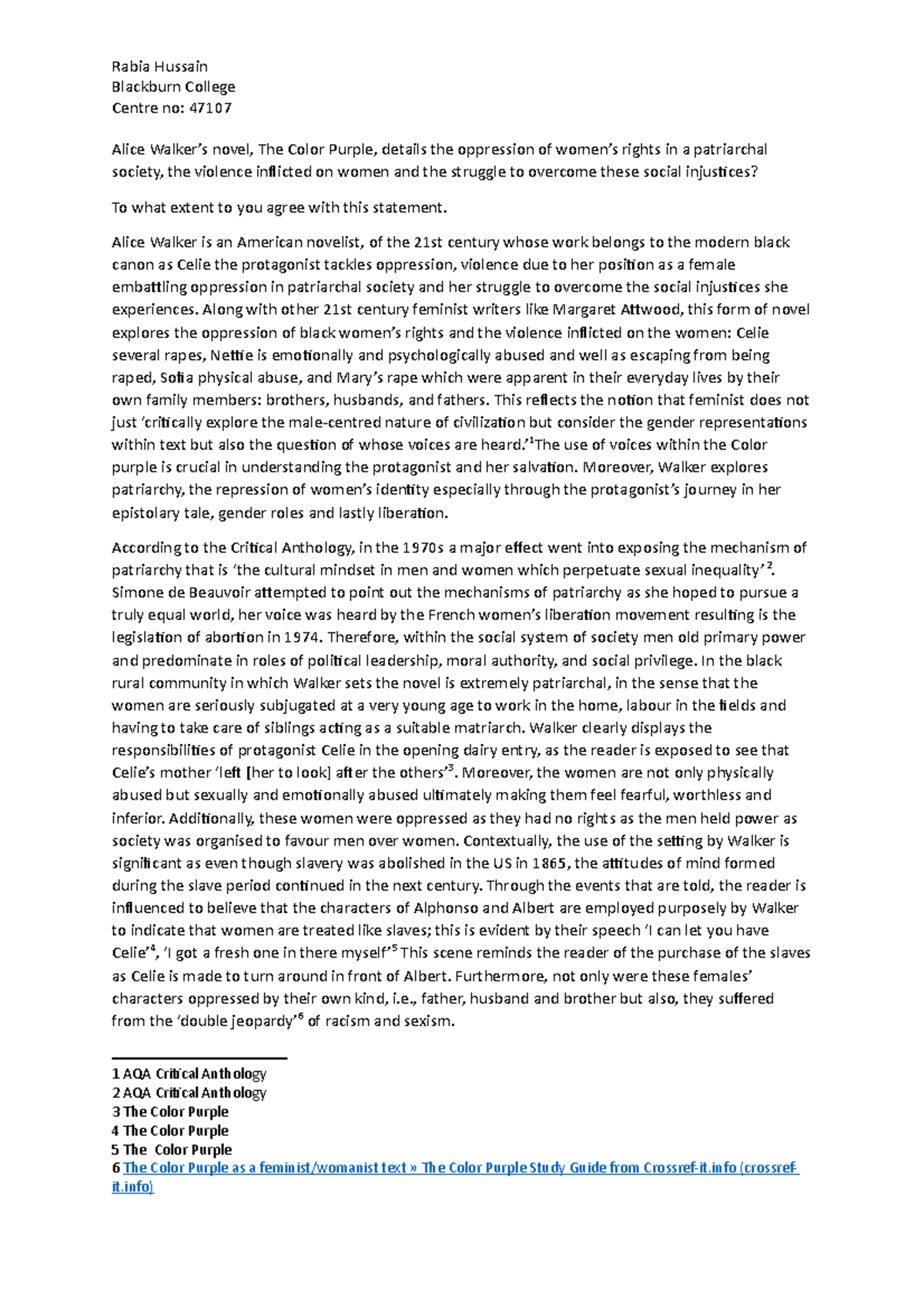 Coursework 1 - Blackburn College Centre no: 47107 Alice Walker’s novel ...