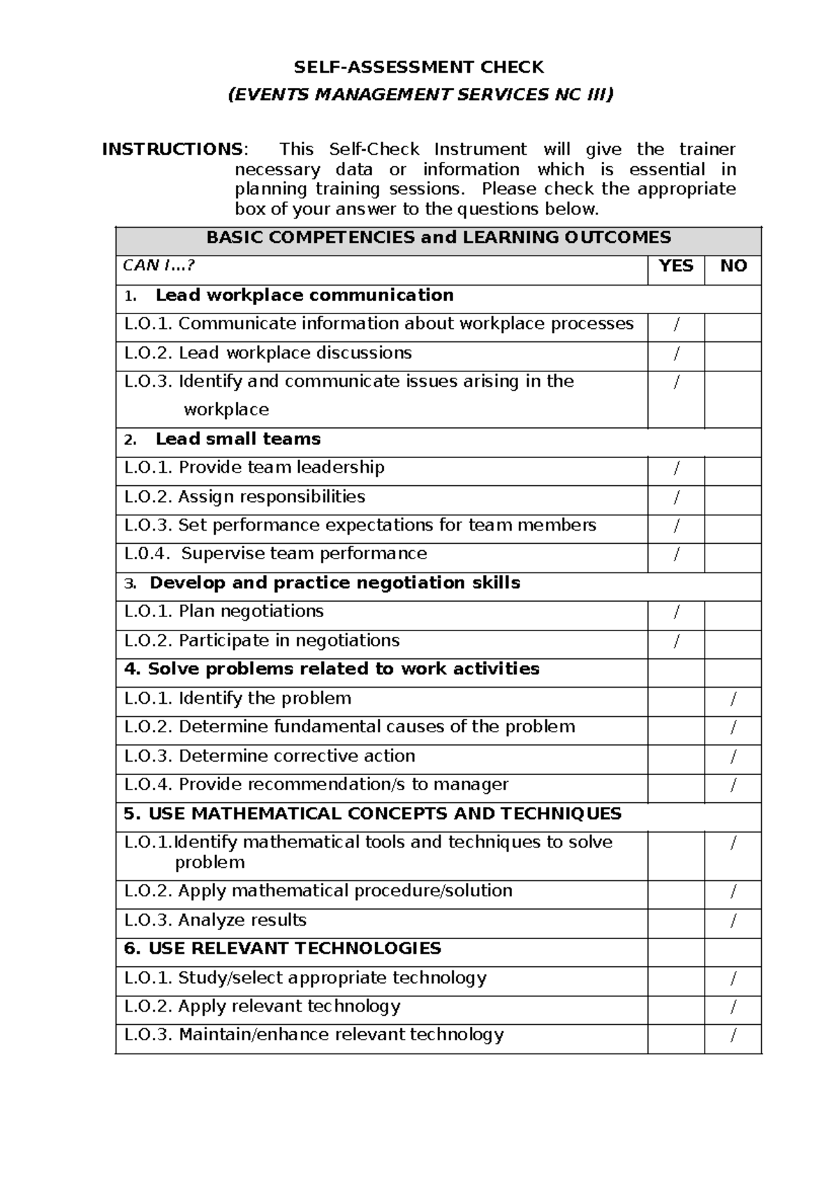 02A SELF Assessment Check - SELF-ASSESSMENT CHECK (EVENTS MANAGEMENT ...
