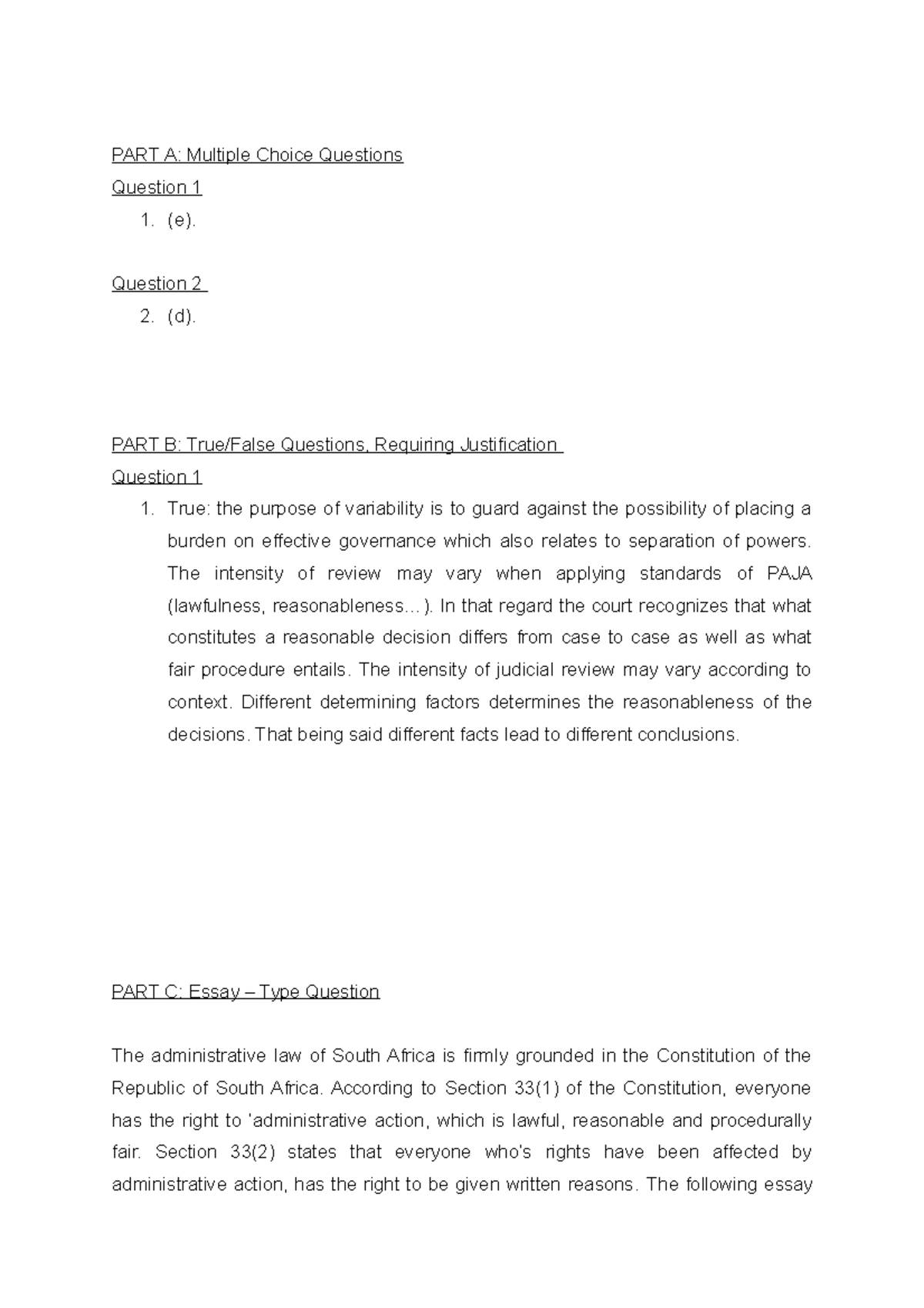 PBL 310 Tutorial 3 Answers - PART A: Multiple Choice Questions Question ...