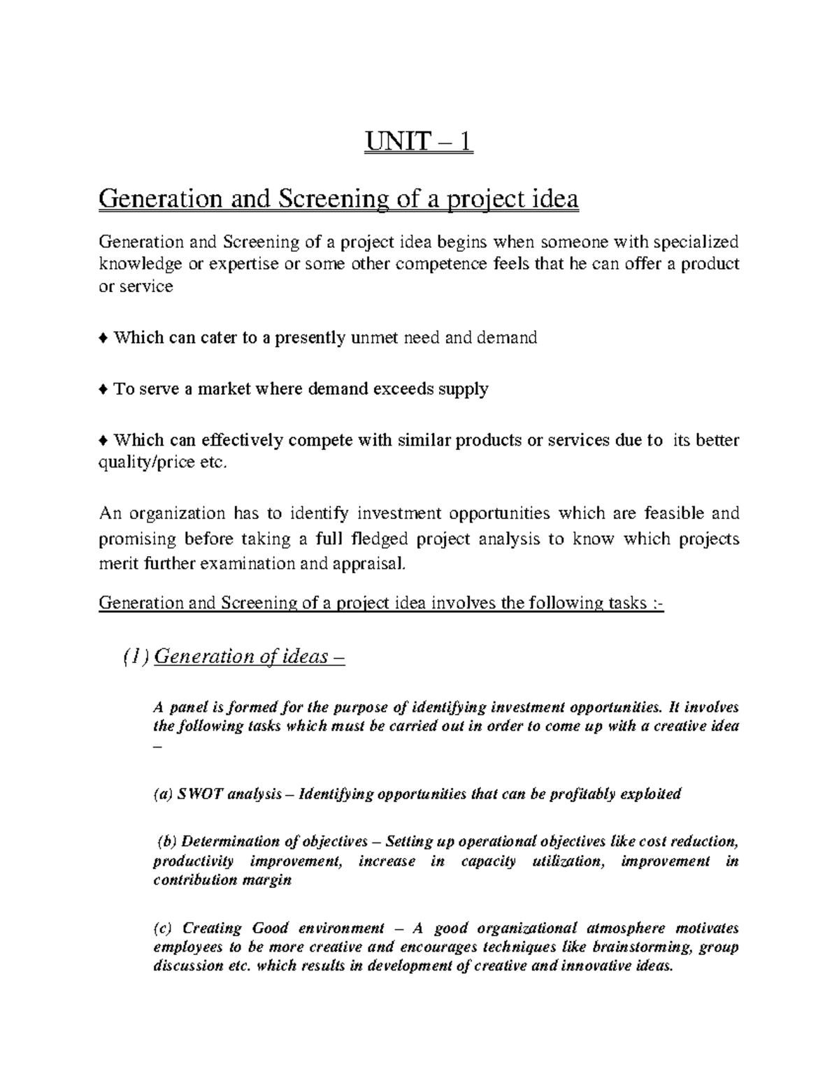 BBA-Sem. VI-Project Management-Unit 1-Generation and Screening of a ...