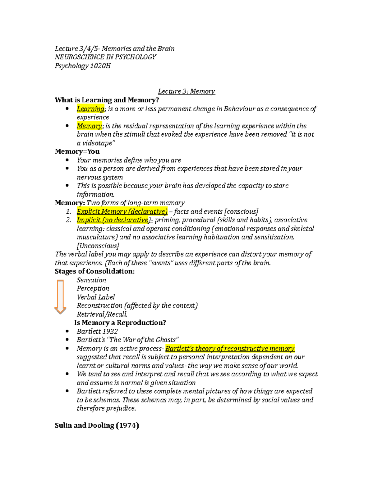 PSYCH1020H Memory Lecture 3 Notes - Lecture 3/4/5- Memories and the ...