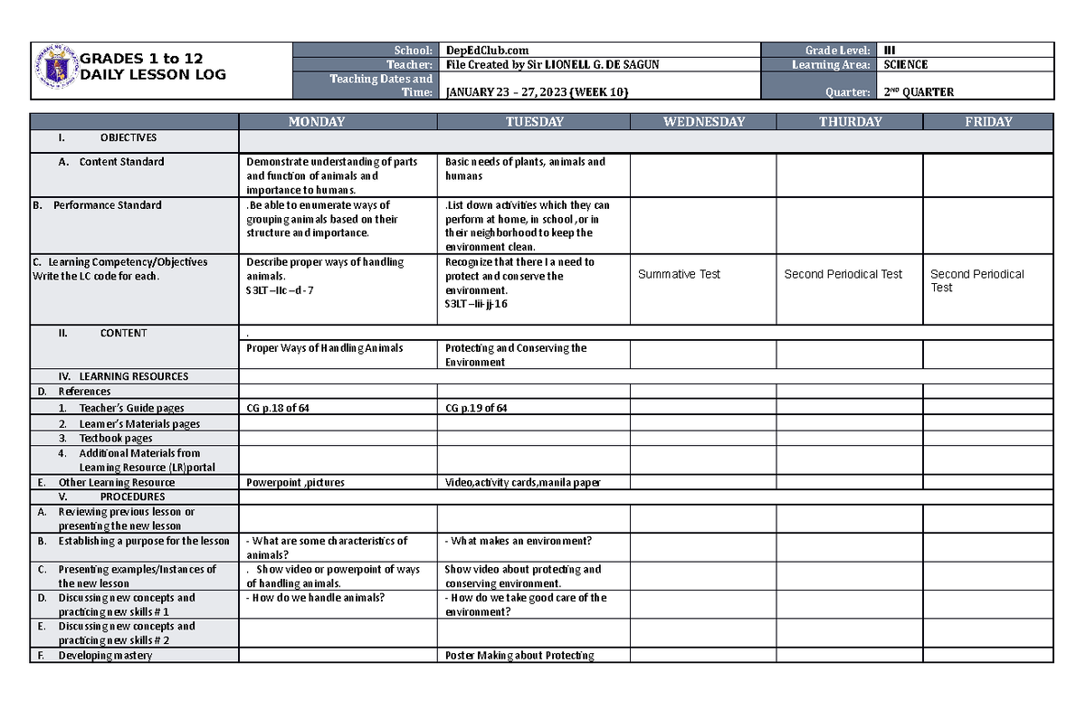 DLL Science 3 Q2 W10 - Daily lesson log - GRADES 1 to 12 DAILY LESSON ...