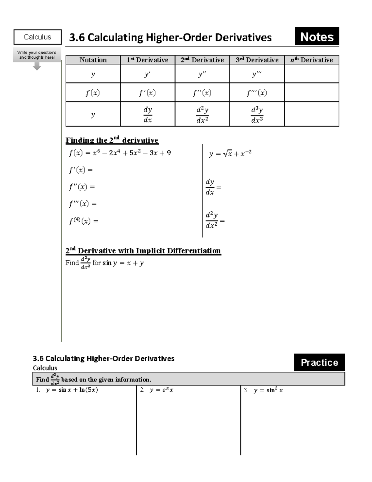 Calc 3 - practice - Notation 1 st Derivative 2 nd Derivative 3 rd ...