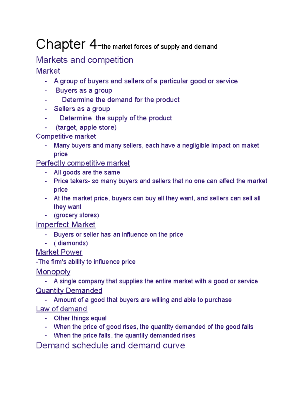 Chapter 4 - Chapter 4-the market forces of supply and demand Markets and competition Market - A ...