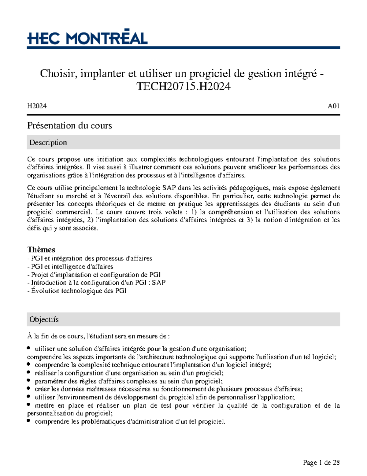 Plan de cours pgi - H2024 A Choisir, implanter et utiliser un progiciel de gestion intégré ...