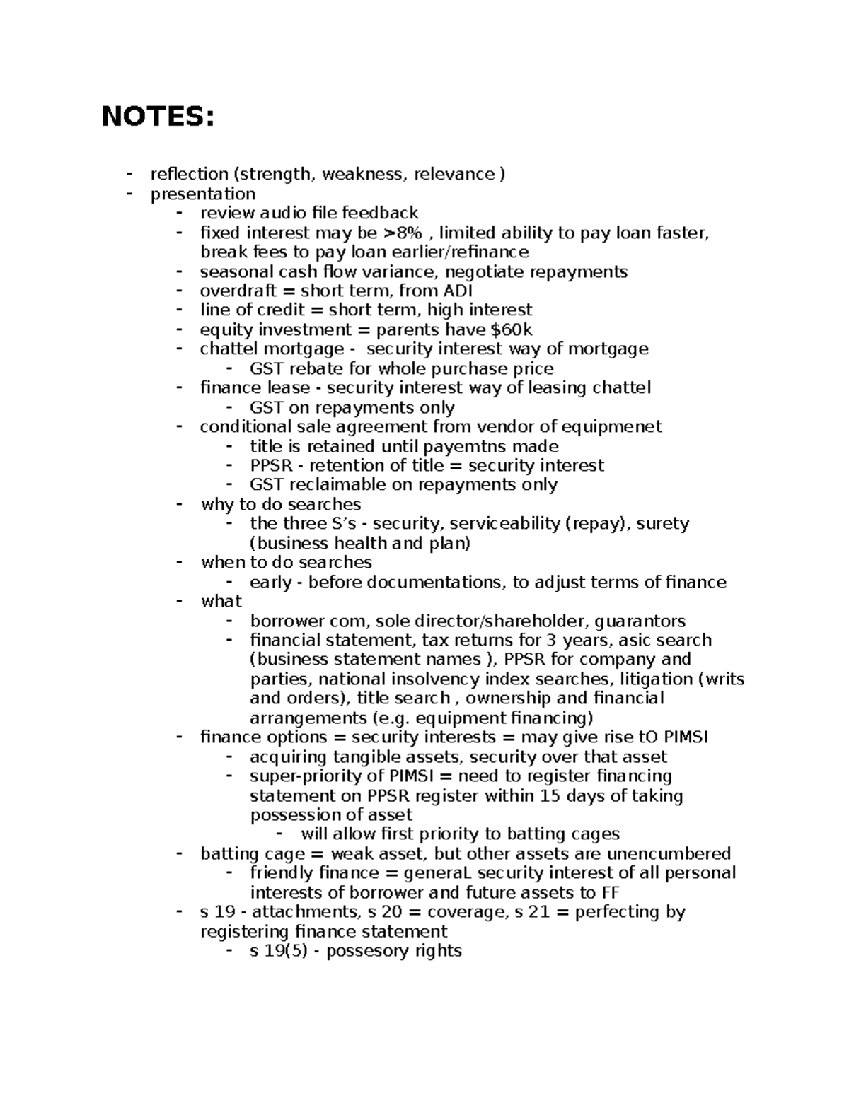 BF Oral Assessment Notes - NOTES: ⁃ reflection (strength, weakness ...