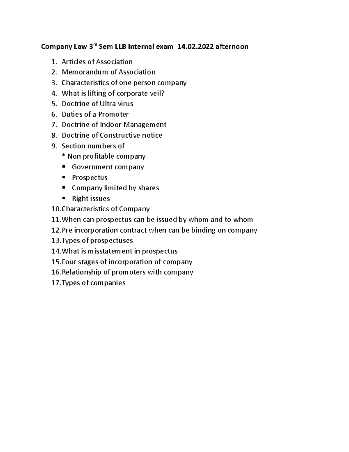 Company law llb - sample - Company Law 3rd Sem LLB Internal exam 14.02 ...