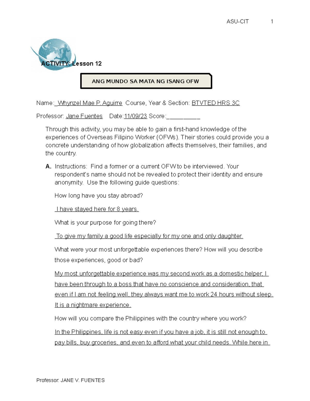 Lesson 12 Activity - ASU-CIT 1 ACTIVITY: Lesson 12 Name:_Whynzel Mae P ...