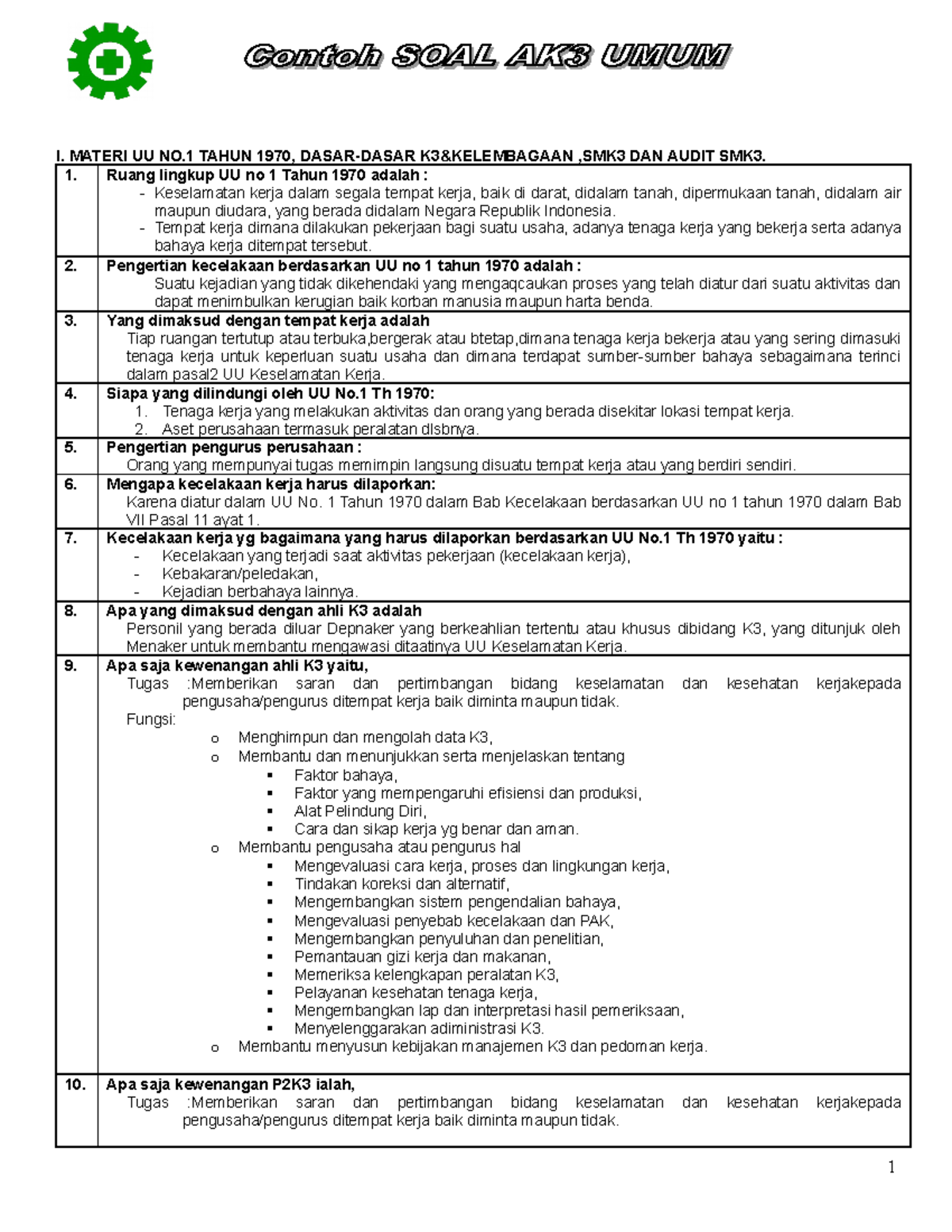 Contoh Soal Ak3 Umum - I. MATERI UU NO TAHUN 1970, DASAR-DASAR K3 ...