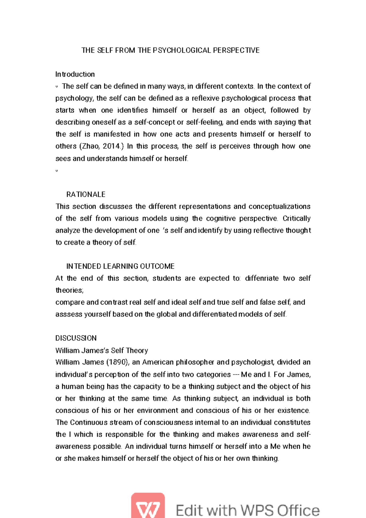 SELF Psychological Perspective - THE SELF FROM THE PSYCHOLOGICAL ...