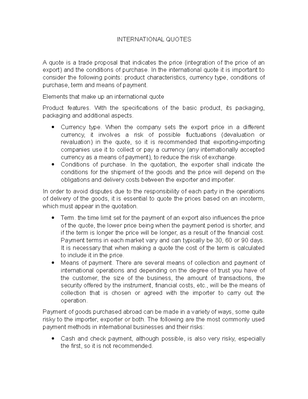 INTERNATIONAL QUOTES - In the international quote it is important to ...