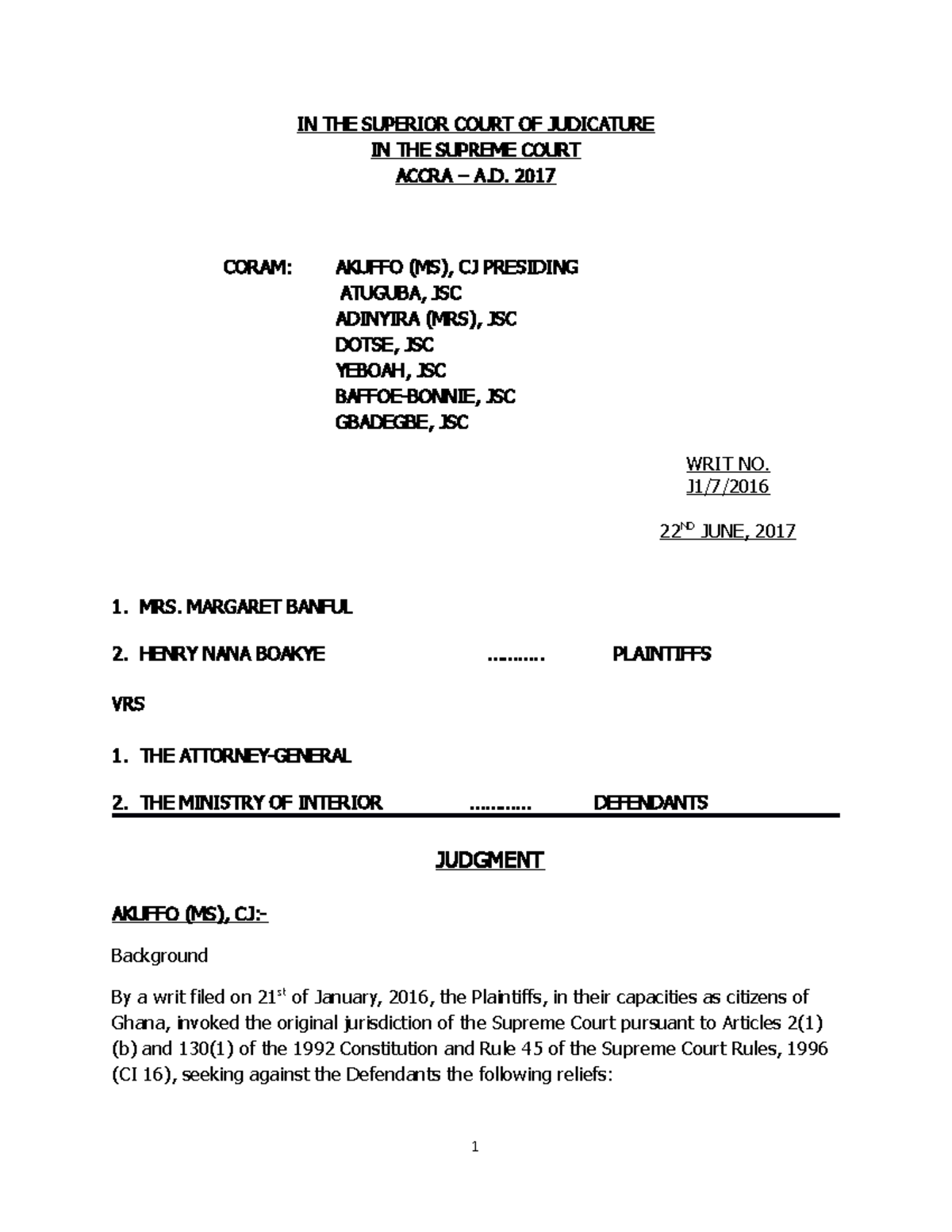 MRS Margaret Banful & ANOR. VRS Attorney General & ANOR - IN THE ...