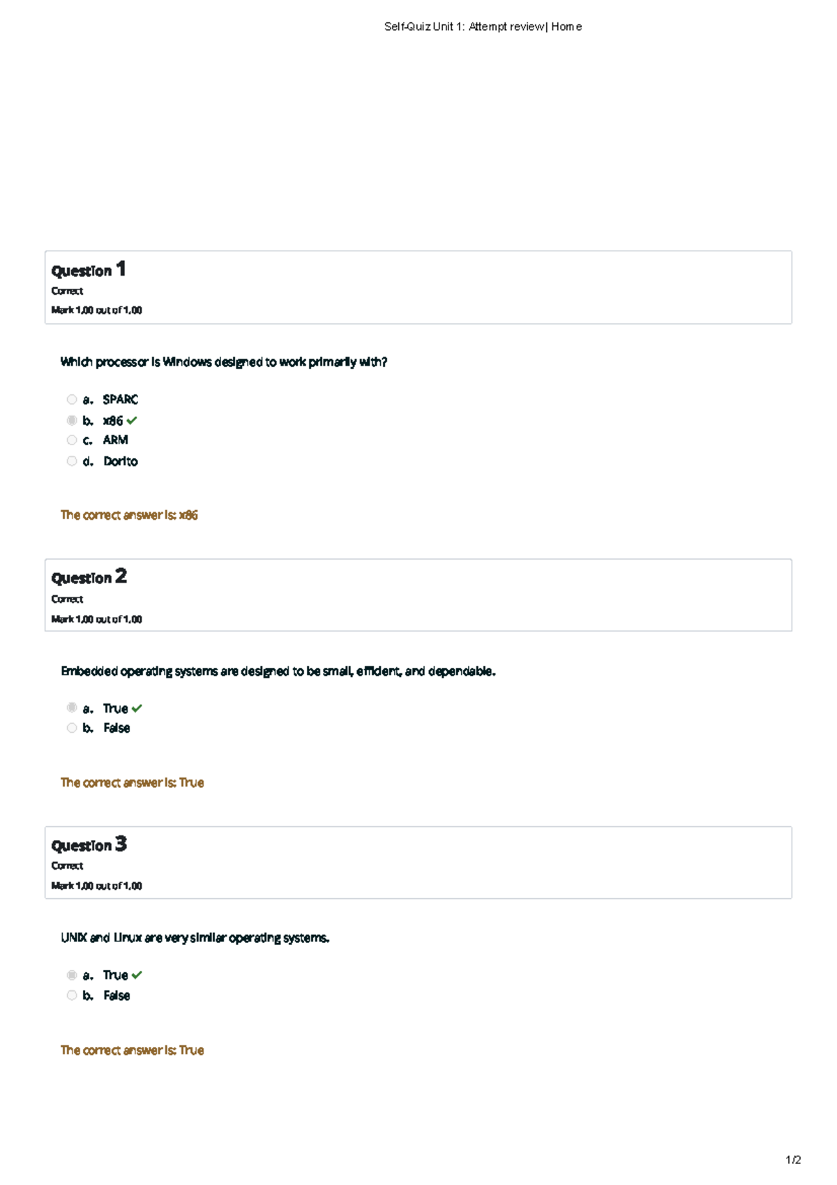 Self-Quiz Unit 1 Attempt review Home 2 - Self-Quiz Unit 1: Attempt review | Home 1/ Question 1 ...