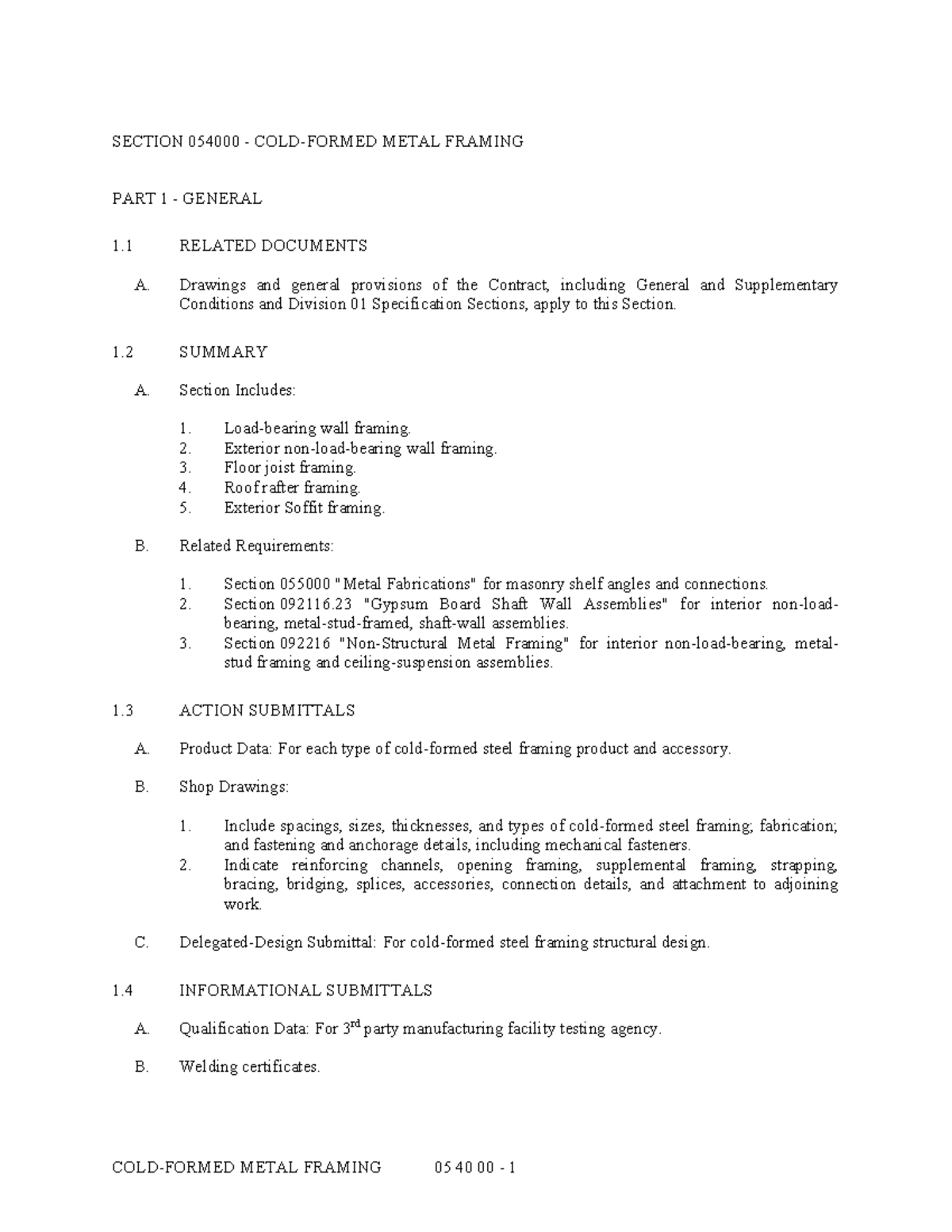 054000 Cold-Formed Metal Framing SSBP - SECTION 054000 - COLD-FORMED ...
