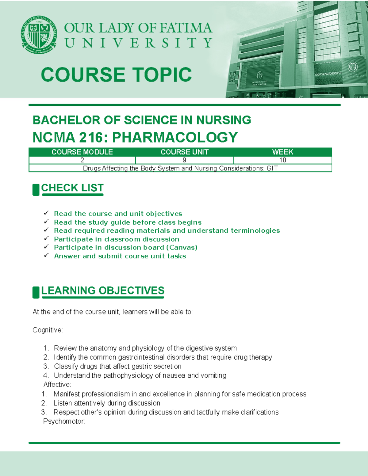 PH CM2 CU 9 - Drugs Affecting GIT - BACHELOR OF SCIENCE IN NURSING NCMA ...