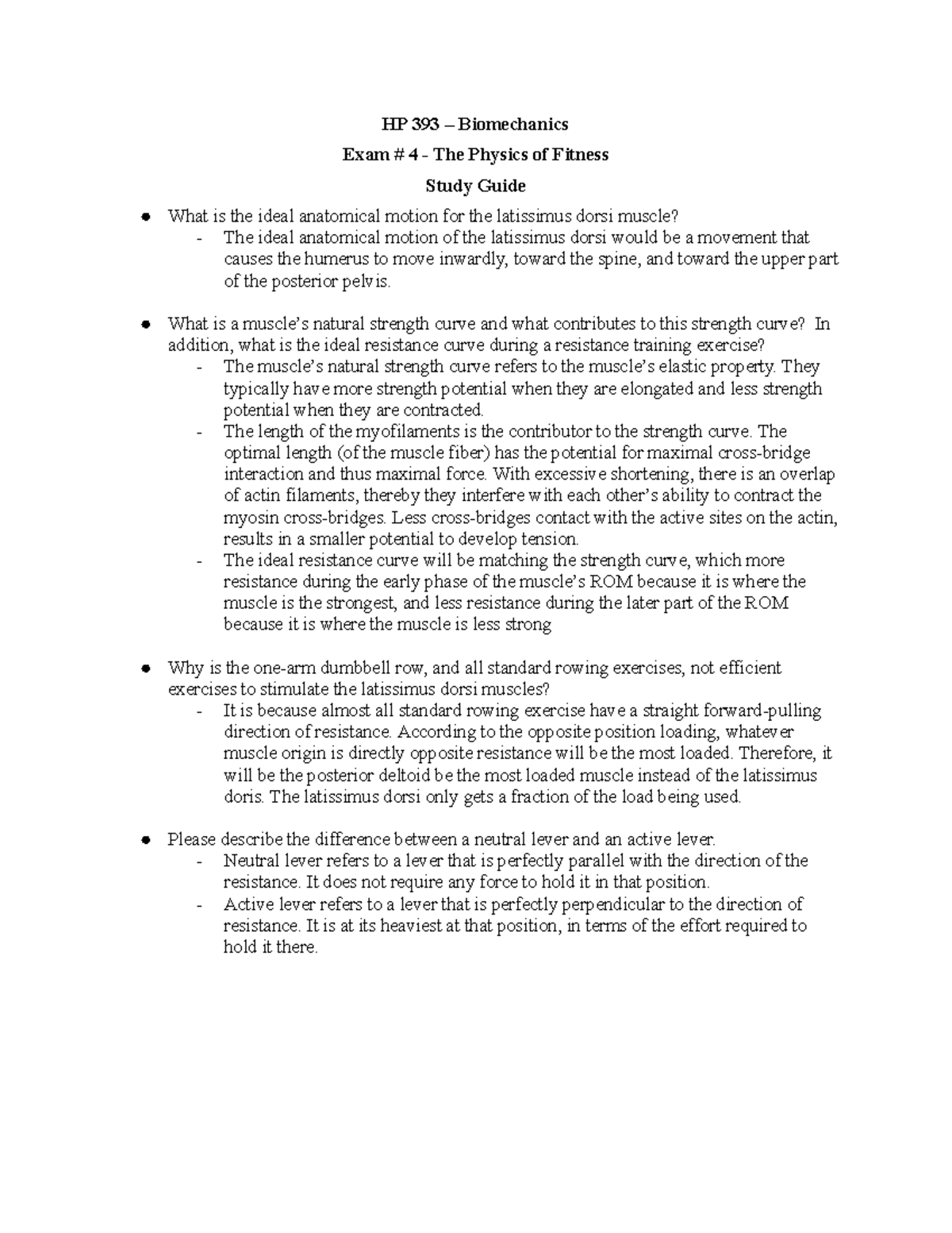 Exam # 4 - Biomechanics Study Guide - HP 393 – Biomechanics Exam # 4 ...