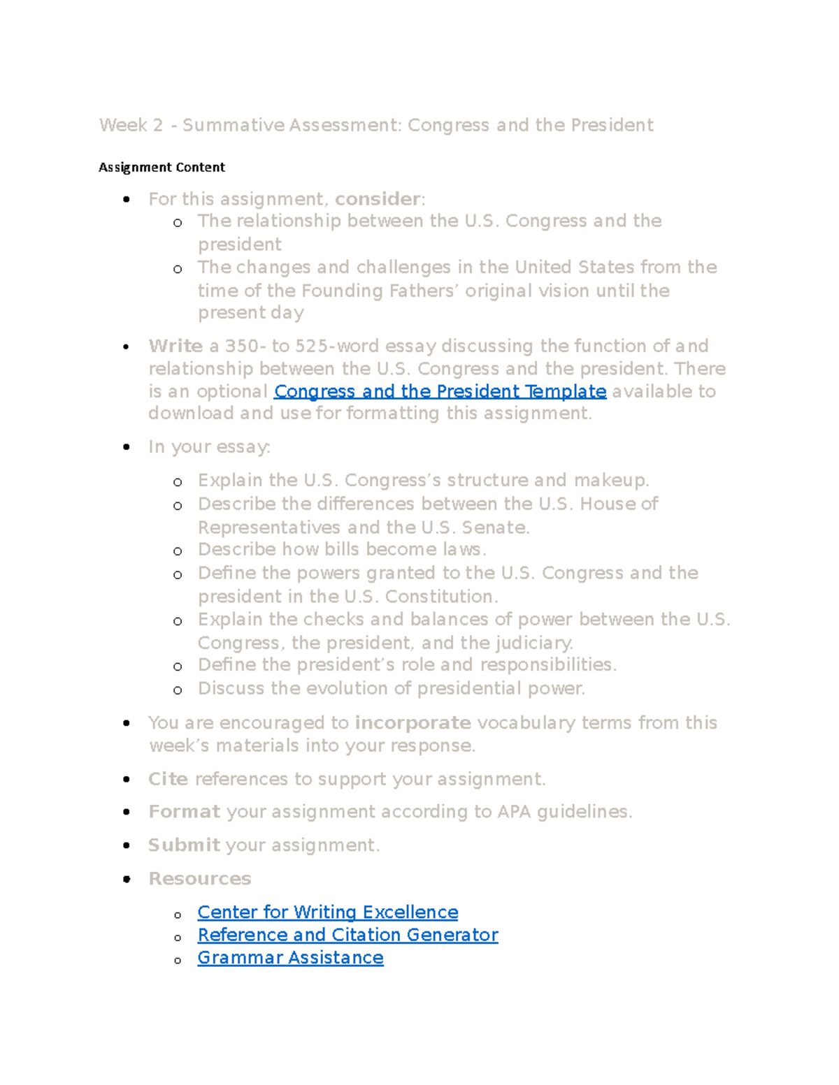 Wk 2 - Summative Assessment Congress and the President - Week 2 ...