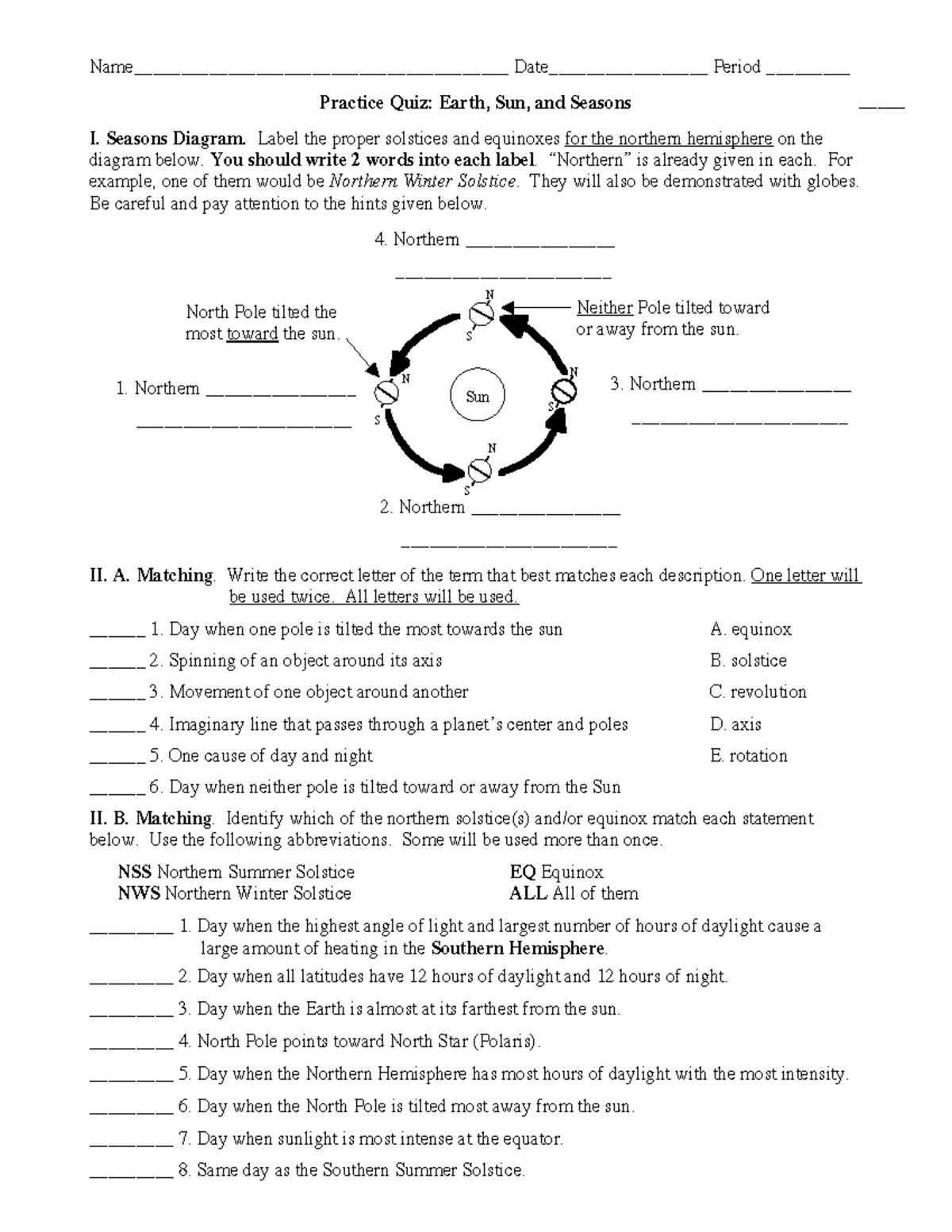 Earth Sun Seasons Practice - Name ...