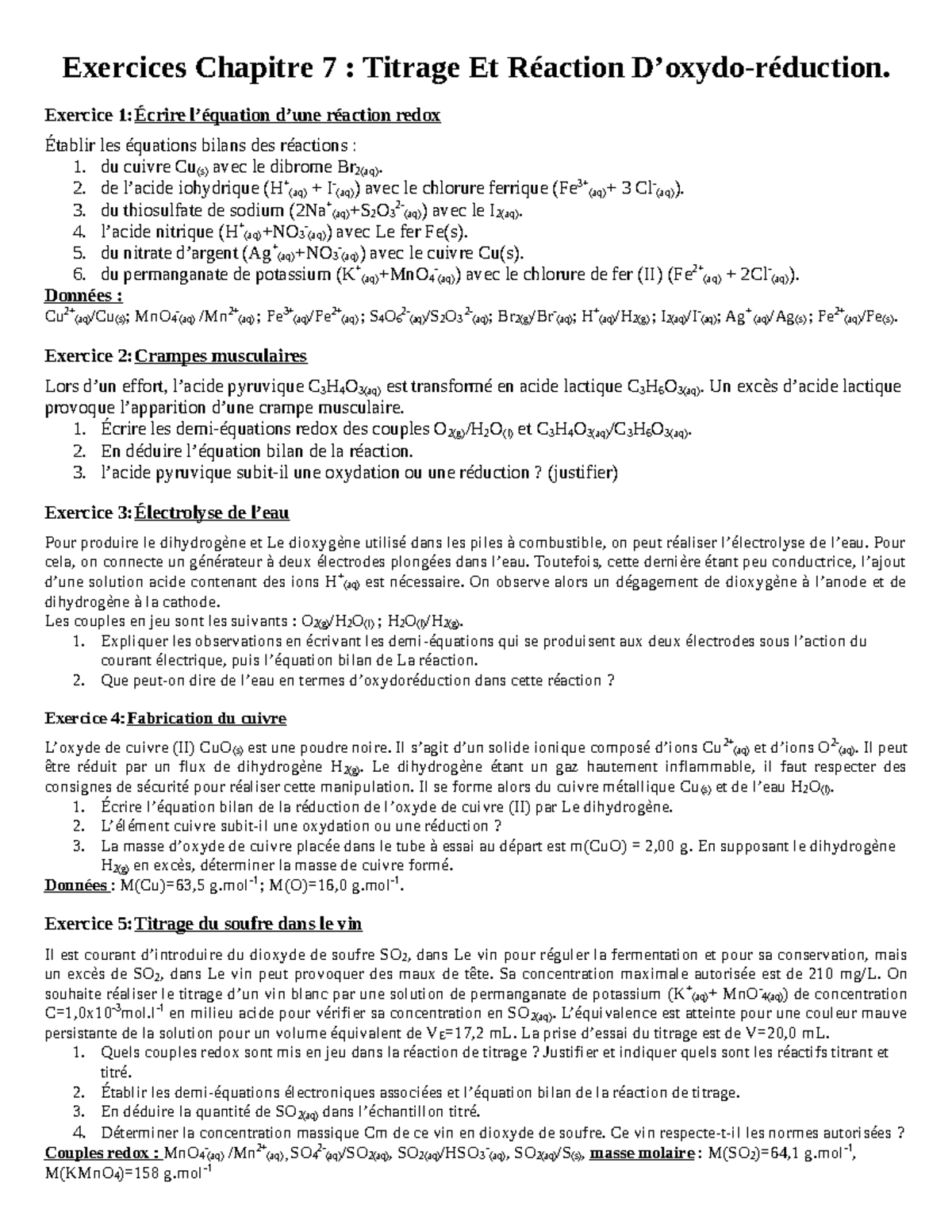 1spe ch7 exos titrage redox - Exercices Chapitre 7 : Titrage Et ...
