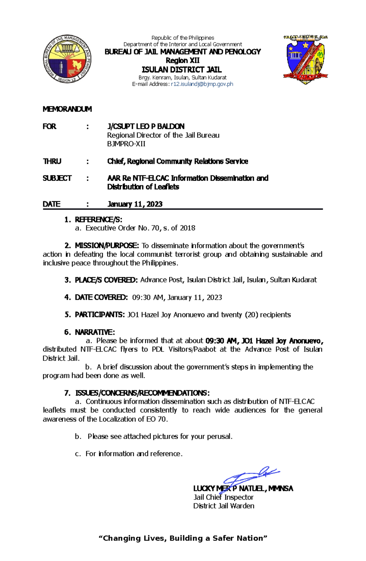 Isulan DJ AAR Re Distribution-of- Elcac-Flyers dated 11 JAN 2023 ...