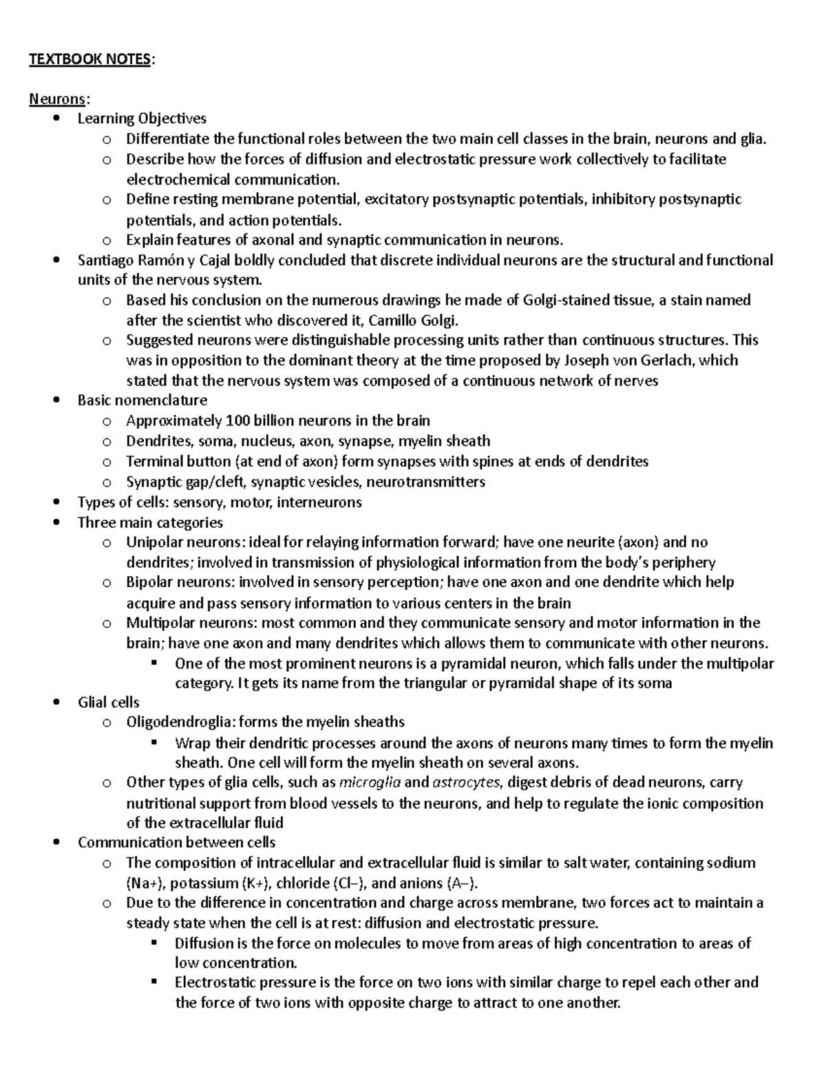 Copy of Week 5 Notes - Neurons - TEXTBOOK NOTES : Neurons: Learning ...