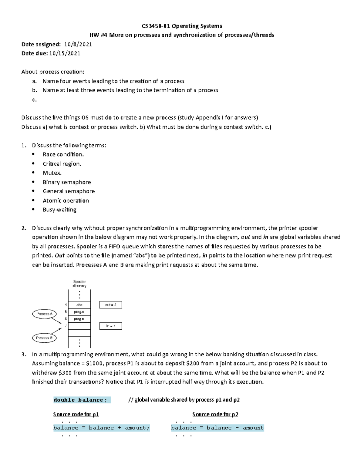 Homework 4 Synchronization Of Processes And Thread Cs3450 01 Operating Systems Hw 4 More On
