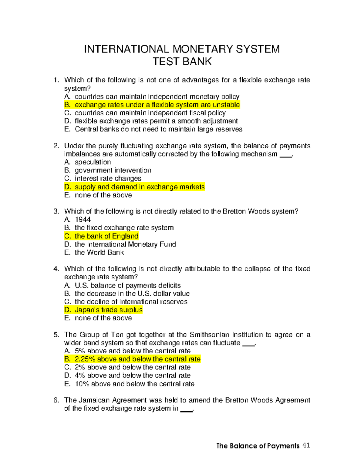 International Monetary System- Test Bank - INTERNATIONAL MONETARY ...