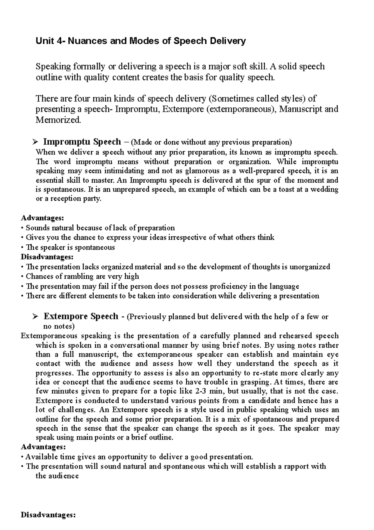 Modes of Delivery - Lecture notes on communicative skills. - Unit 4 ...