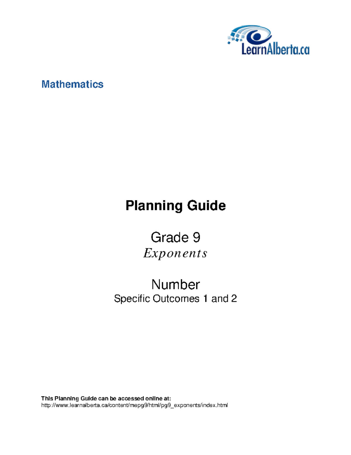 Pg9 exponents - Mathematics Planning Guide Grade 9 Exponents Number ...