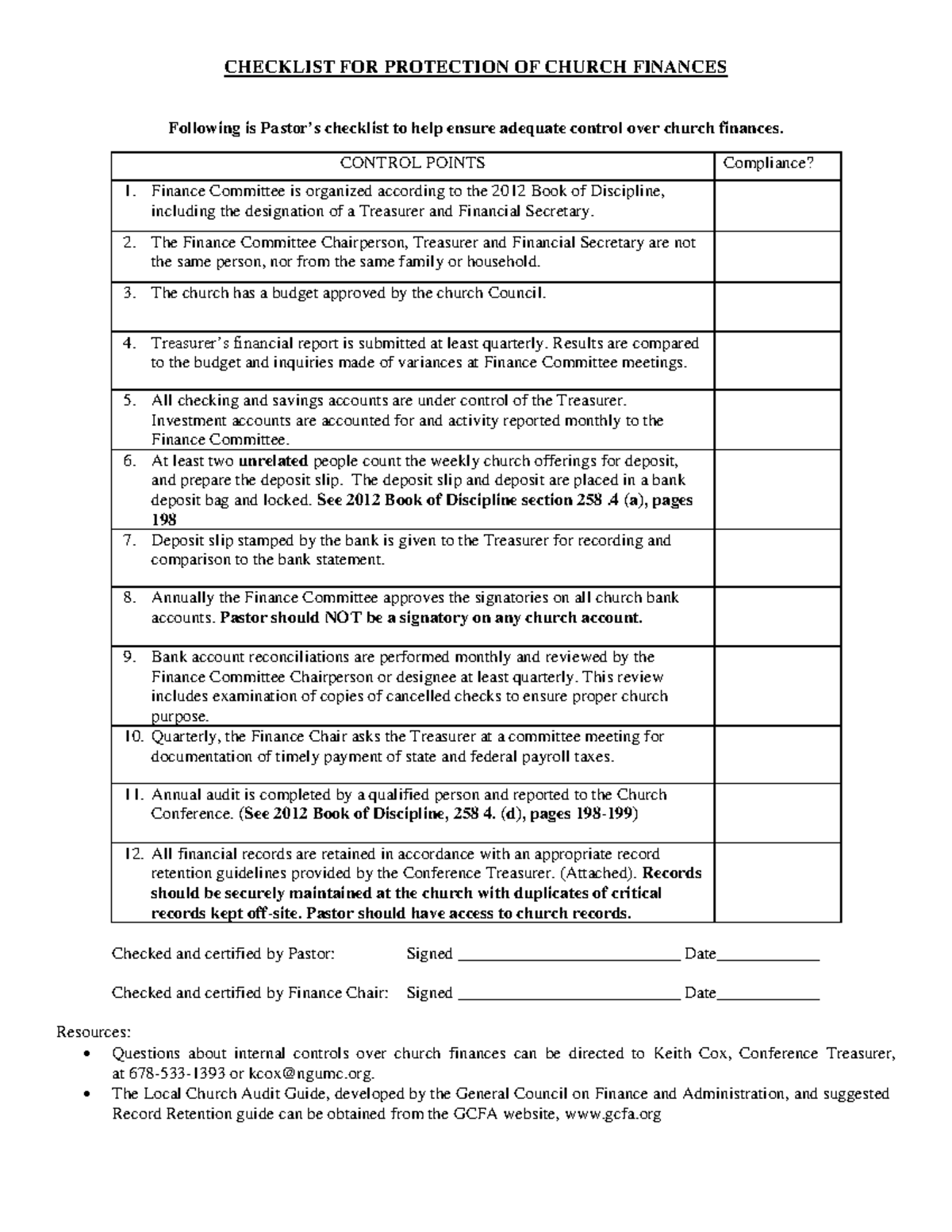 Churchfinanceschecklist - CHECKLIST FOR PROTECTION OF CHURCH FINANCES ...