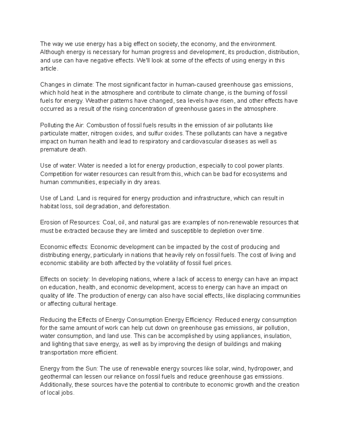 Impacts of Energy Use Notes - The way we use energy has a big effect on ...