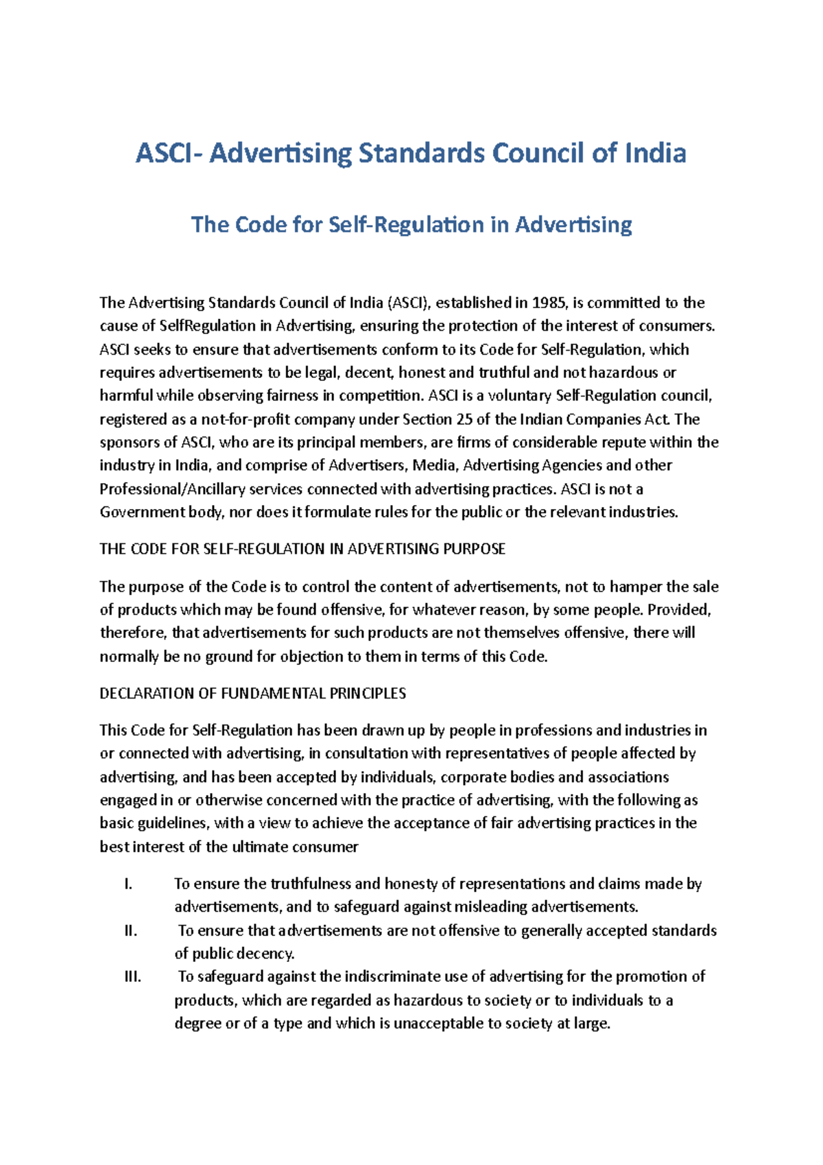 ASCI - Lecture notes - ASCI- Advertising Standards Council of India The ...