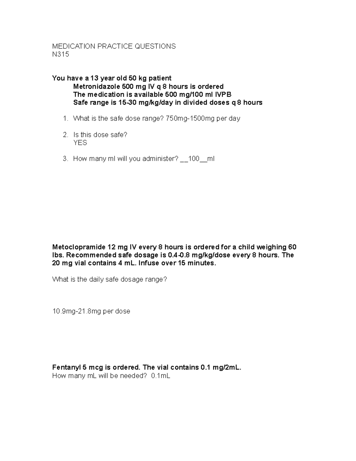 Med Practice Exam 2 w Answers - MEDICATION PRACTICE QUESTIONS N You ...
