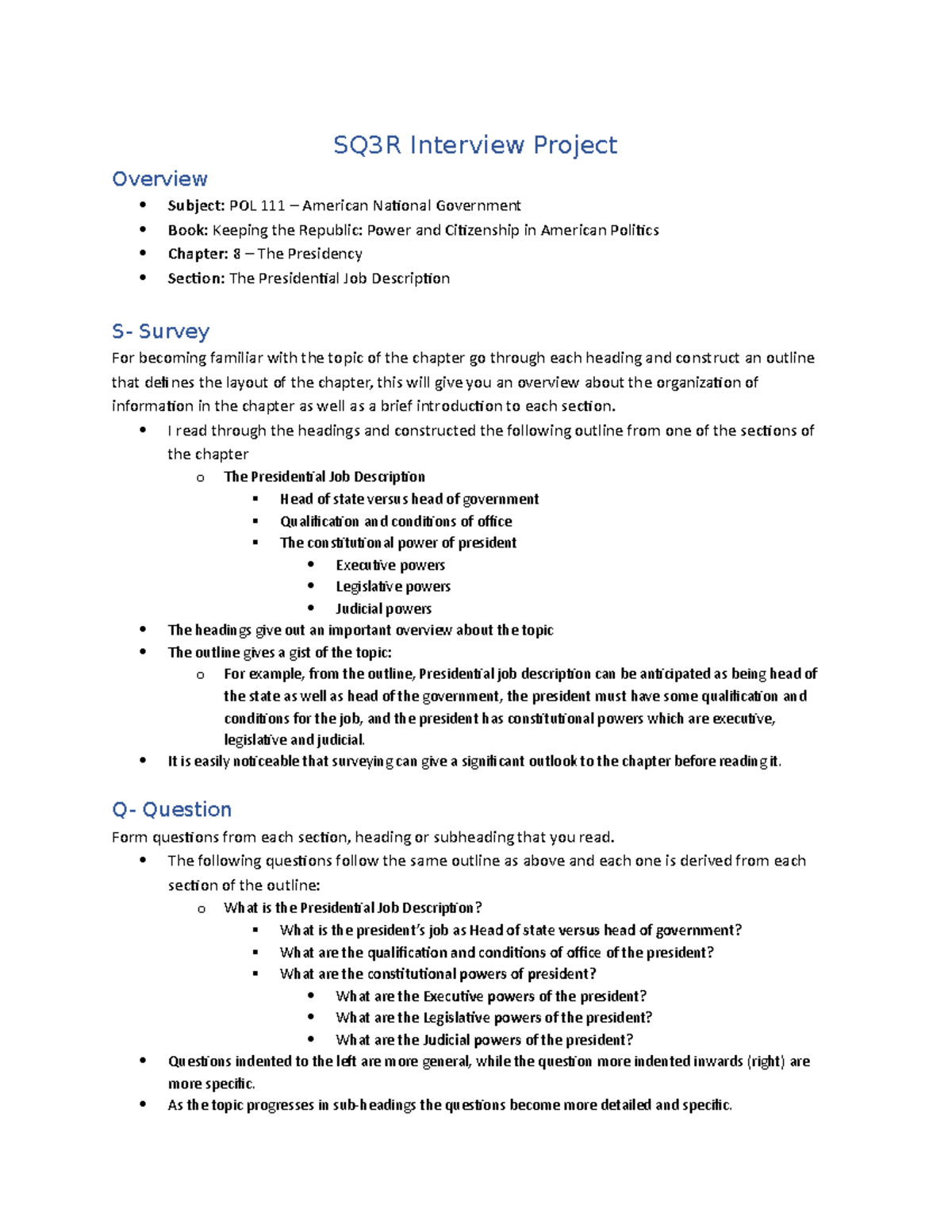 SQ3R Interview Project - SQ3R Interview Project Overview Subject: POL ...