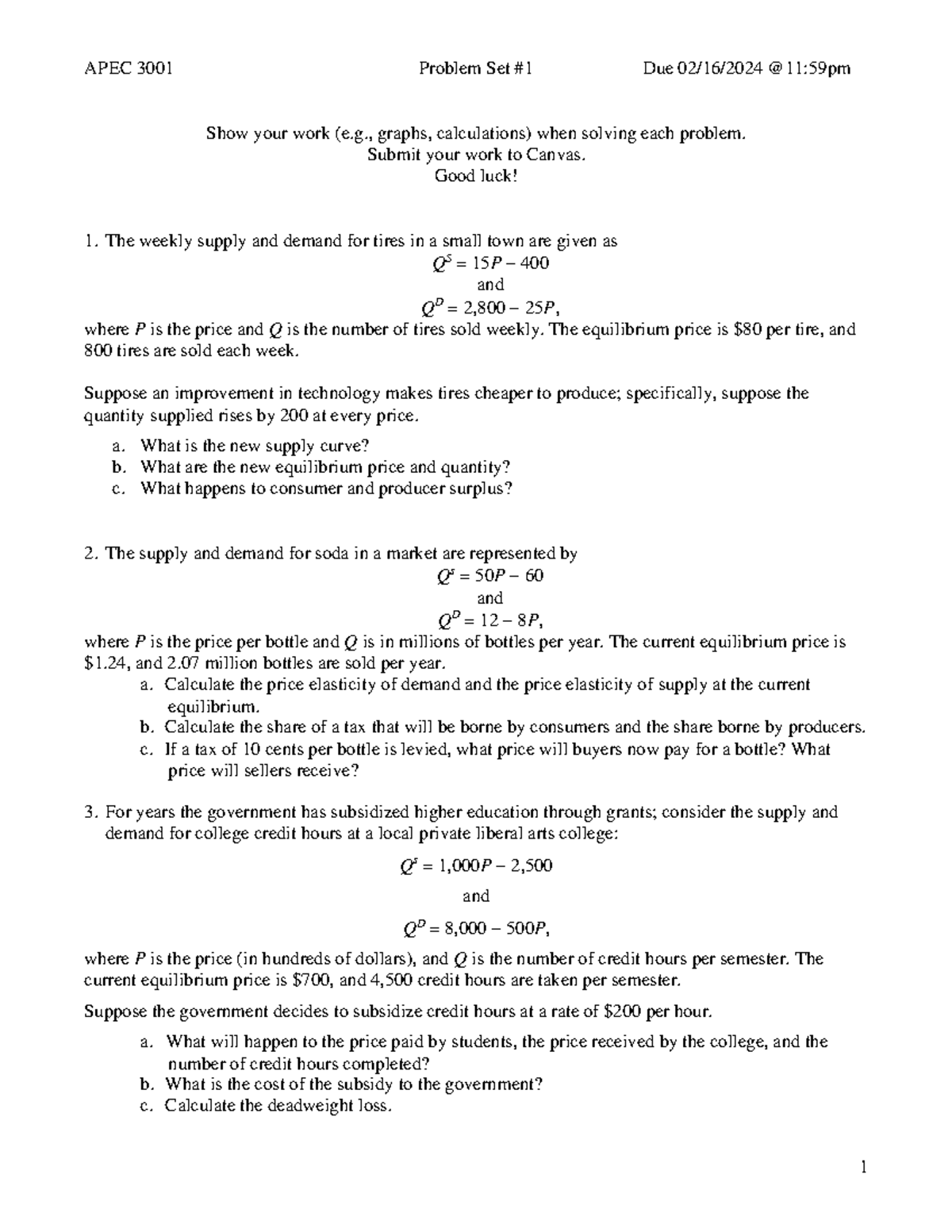 Problem Set #1-3 - , graphs, calculations) when solving each problem ...