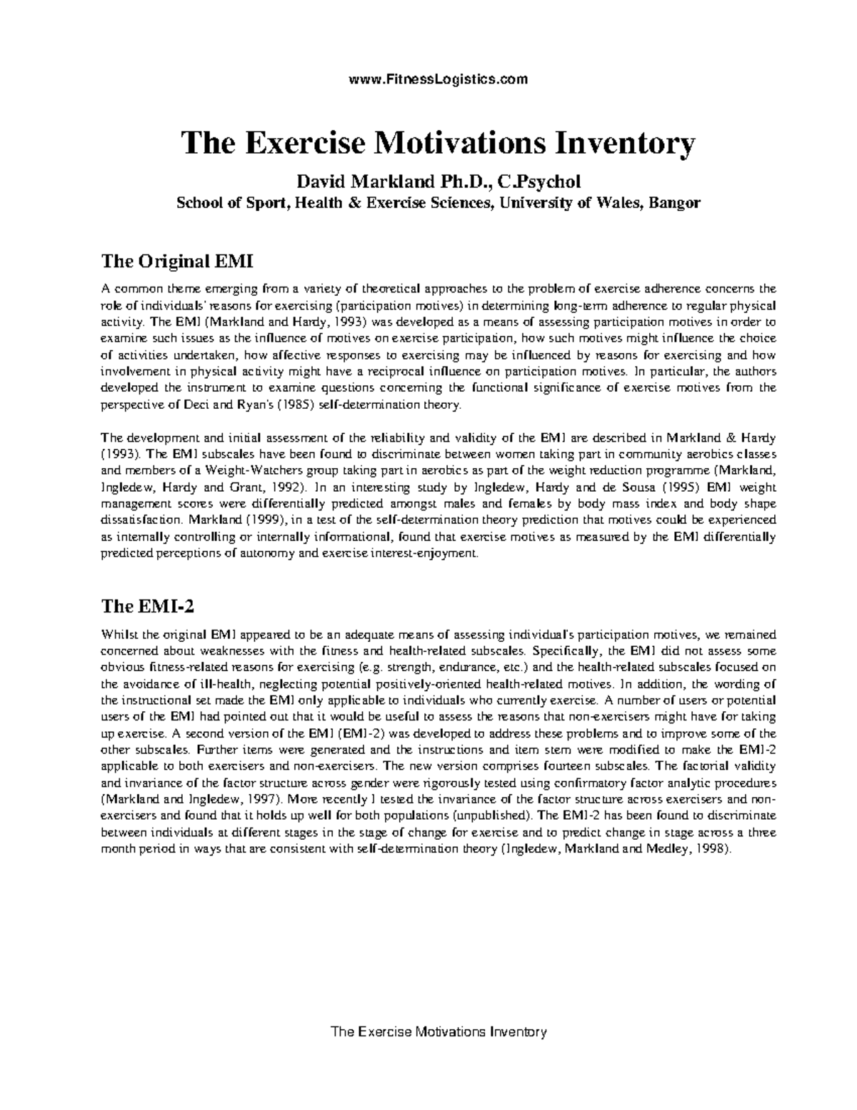 Exercise Motivations - , C School of Sport, Health & Exercise Sciences ...