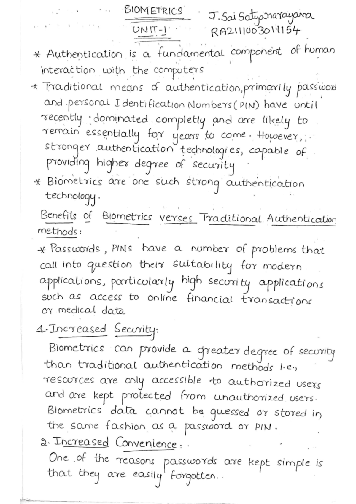 Biometric Unit-1 - BIOMETRICS J Satyanarayama Authentication is a ...