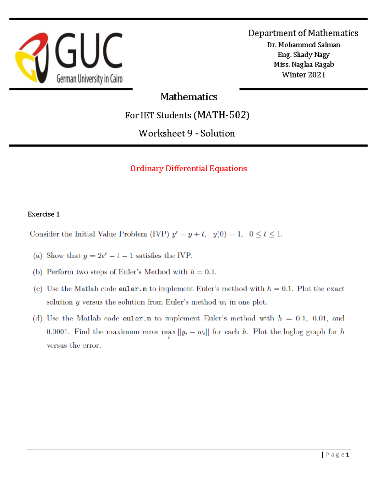 Math 502 Worksheet #9 - Numerical Methods MATH 502.Numerical Methods MATH 502 - | P a g e 1 ...