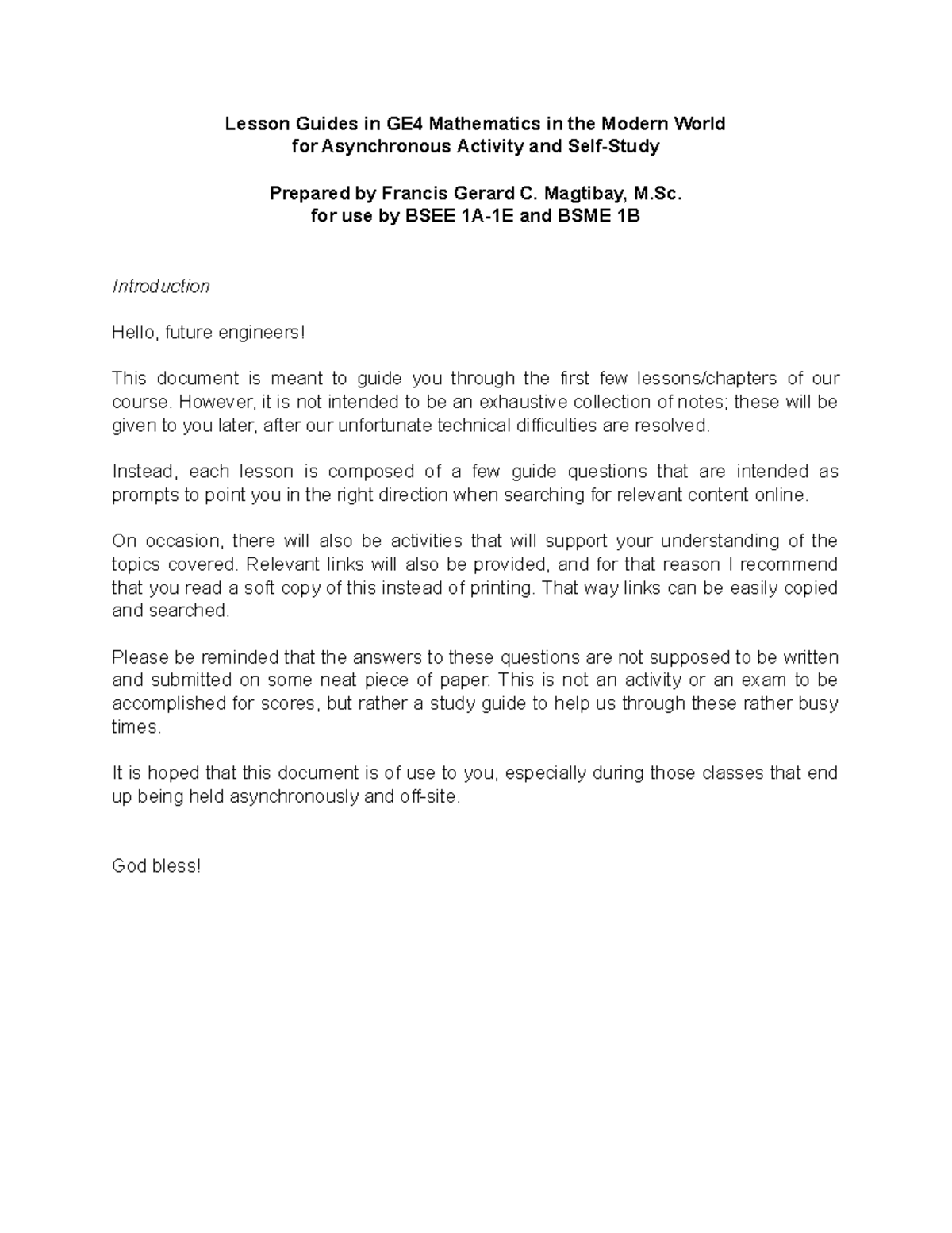 Lesson Guides in GE4 Mathematics in the Modern World - Magtibay, M. for ...