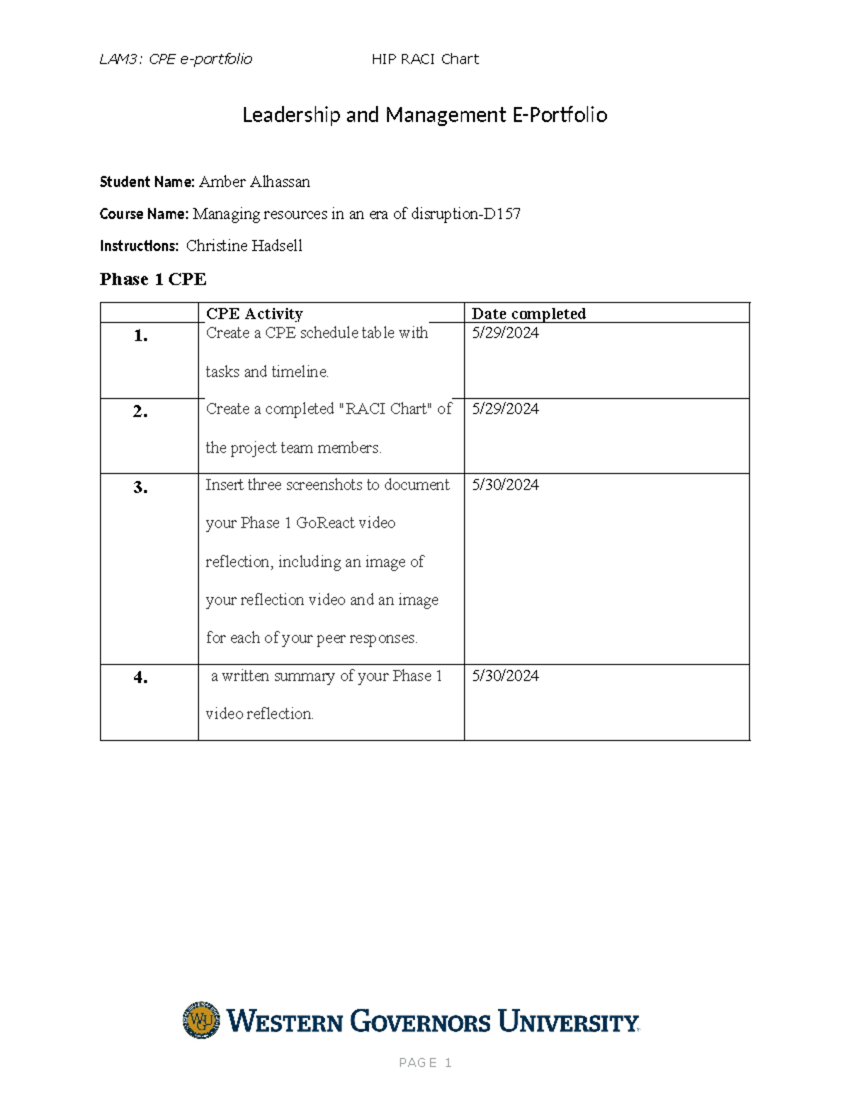 D157 CPE - LAM3: CPE e-portfolio HIP RACI Chart Leadership and ...