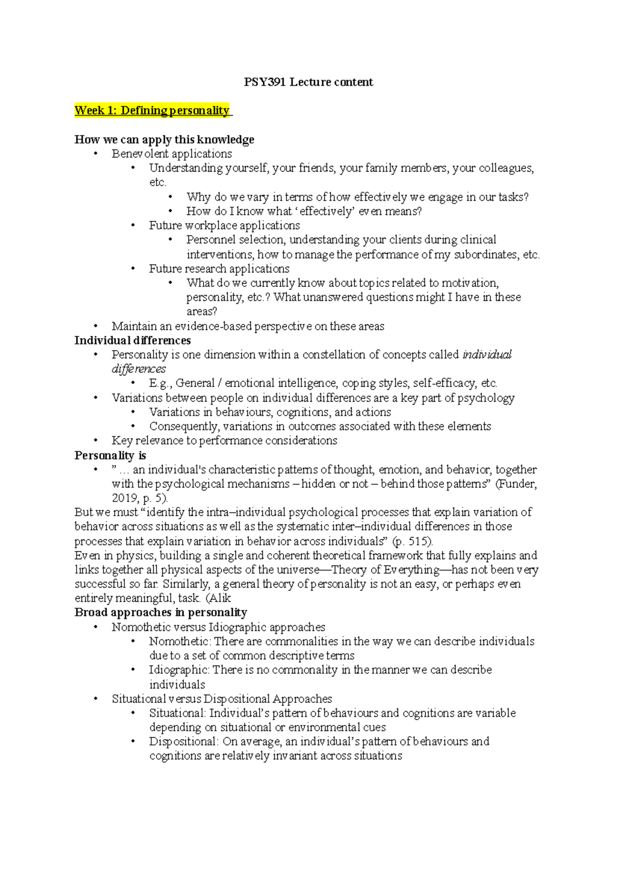 PSY391 Lecture content - PSY391 Lecture content Week 1: Defining ...