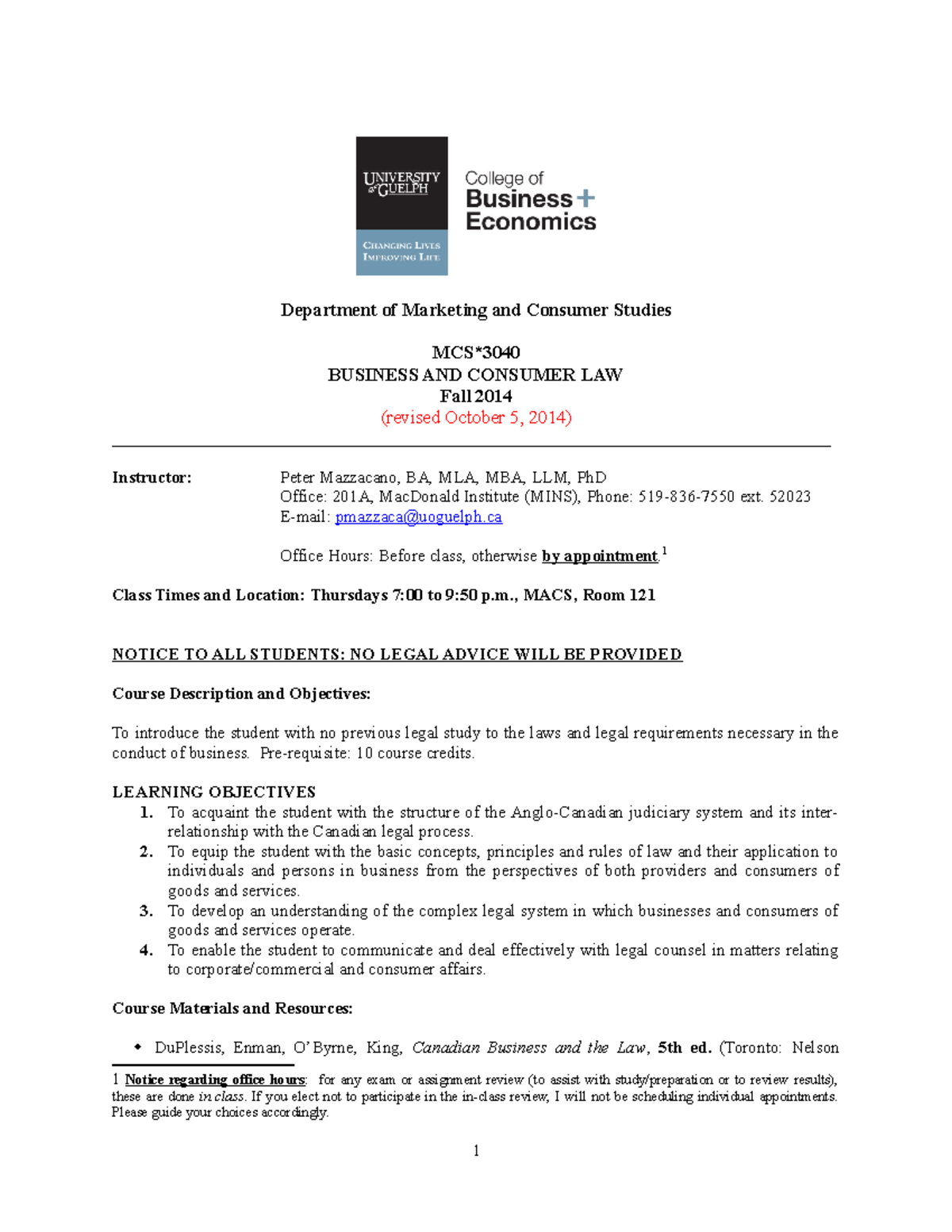 Course Syllabus for Business and Consumer Law-revised Oct - Department ...