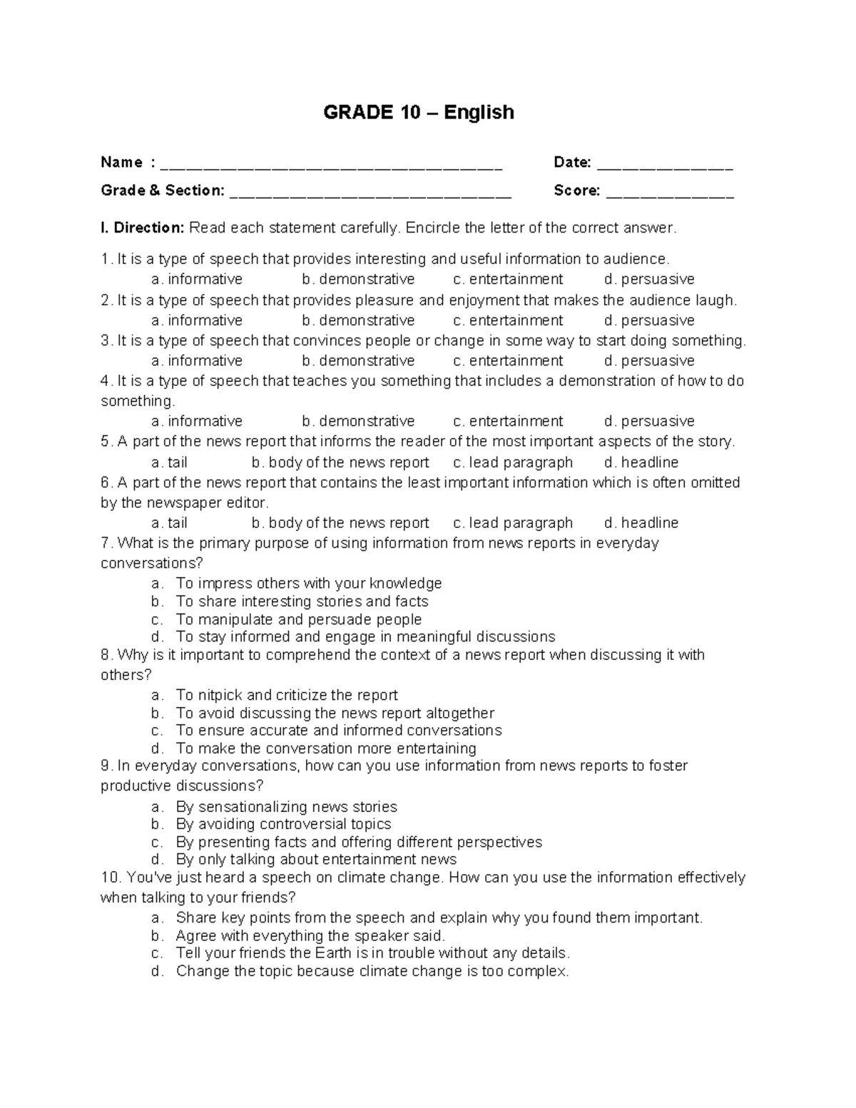 Grade 10 Test Questions Multiple Choice with options - GRADE 10 ...