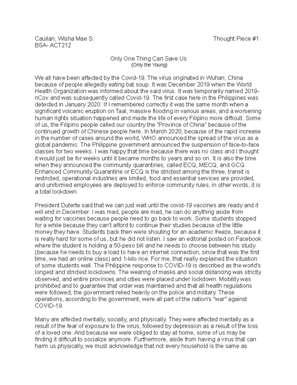 Thought Piece #1 - ETHICS - Cauilan, Wisha Mae S. Thought Piece # BSA ...